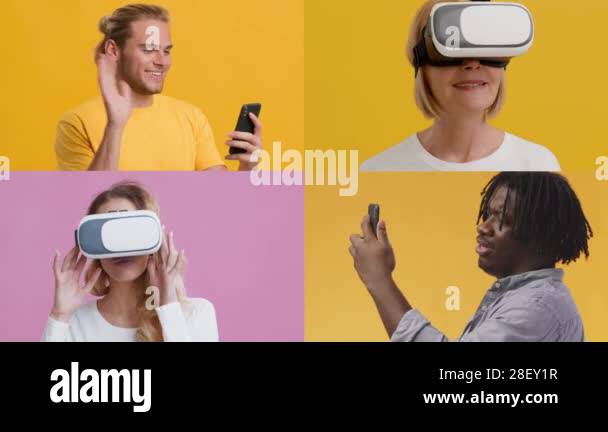 Four individuals interact with virtual reality headsets, showcasing ...
