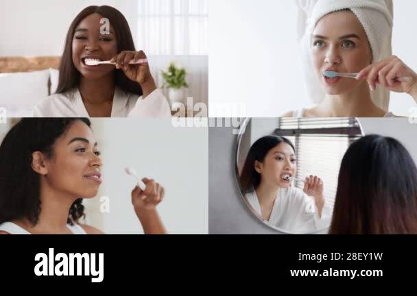 Four women are engaged in their morning routines, using toothbrushes in ...