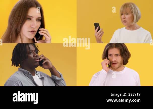 Four individuals of different backgrounds are engaged in phone ...
