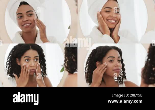 A group of diverse women engages in skincare routines in a bright ...