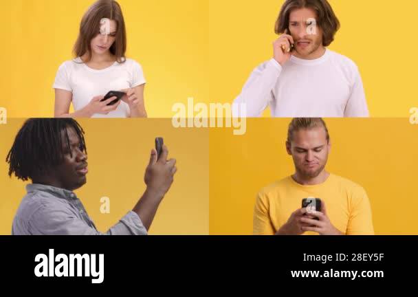 Four individuals display various emotions while using mobile phones ...