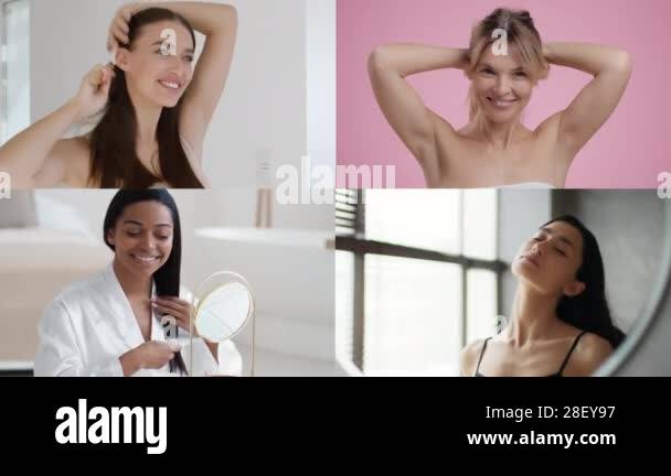 Four women of different backgrounds engage in their skin care routines, showcasing a variety of ...