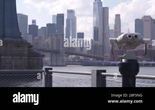 New York City Manhattan Bridge lookout, tower viewer binoculars ...