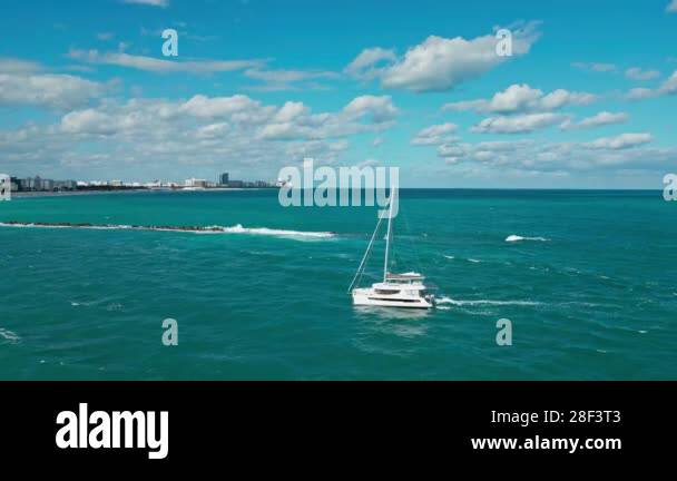 Aerial catamaran at sea. Sea travel. Catamaran sailing in sea. Luxury ...