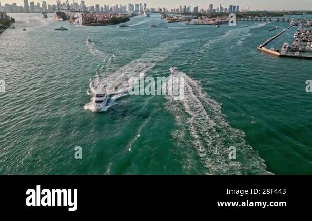 Miami port aerial footage with luxury motorboat. Aerial luxury view ...