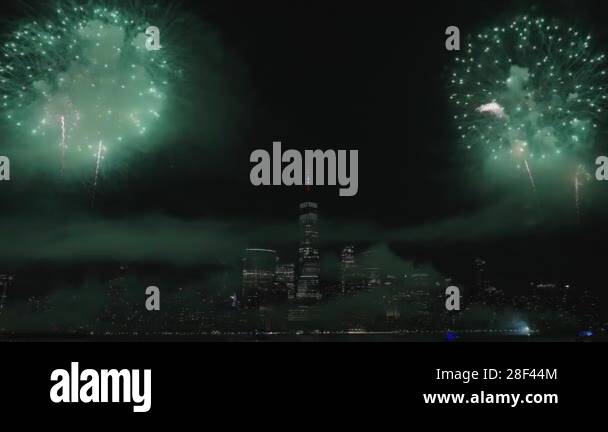 New York City Skyline Manhattan with Flashing Fireworks. New York ...