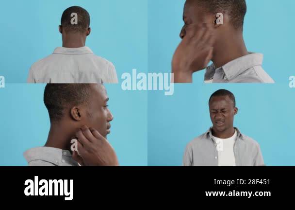 A young man displays various expressions of pain and discomfort in a ...