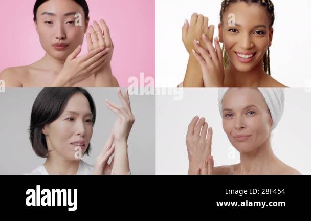 Four women of different backgrounds demonstrate various skin care ...