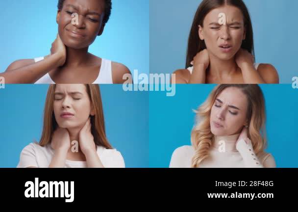 Four people exhibit signs of pain and discomfort, holding their necks ...