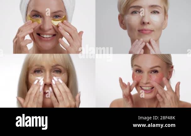 Four diverse women engage in a skin care routine, applying products on ...