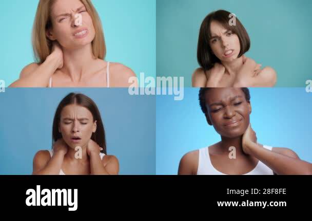 A collage features four people showcasing expressions of pain and ...