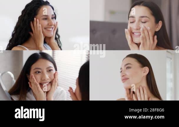 Four women are enjoying their skincare routines at home, showcasing ...