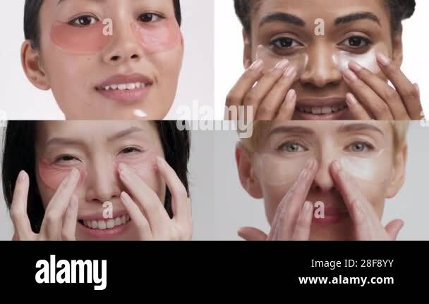 Four women of different backgrounds practice self-care by applying ...