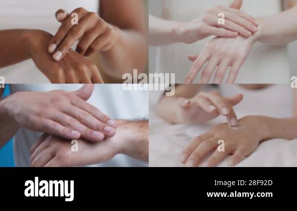 Four women of different backgrounds are applying skin care products to ...