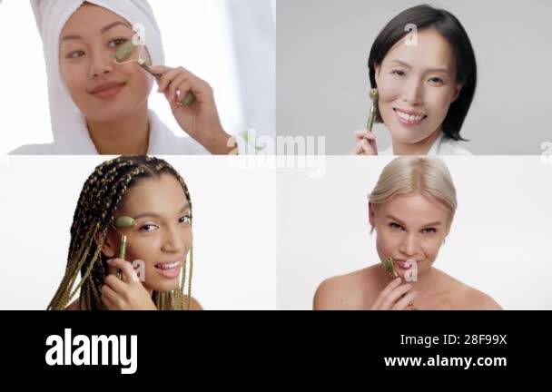Four women engage in relaxing skincare routines, showcasing diverse ...