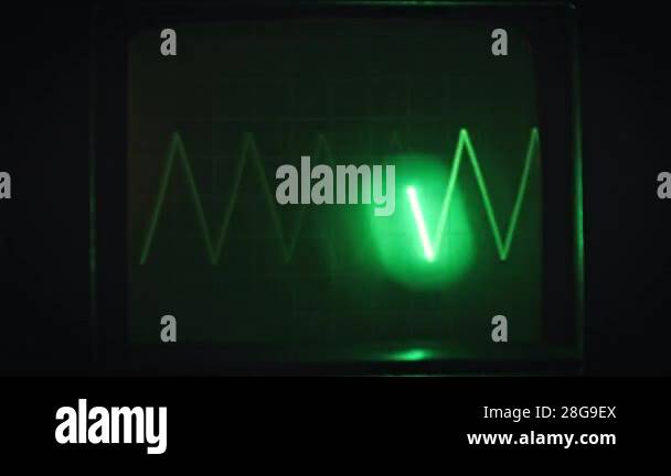 Green sawtooth waveform moving horizontally on the dark screen of an ...