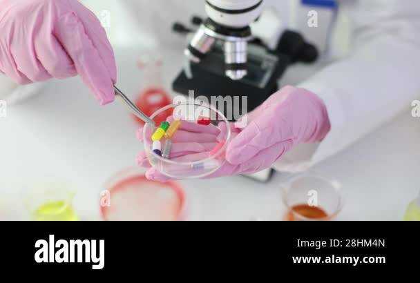 Lab technician examines tablets placed in Petri dish. Scientist ...