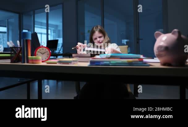 Fatigued little student struggles to stay awake drooping head over ...