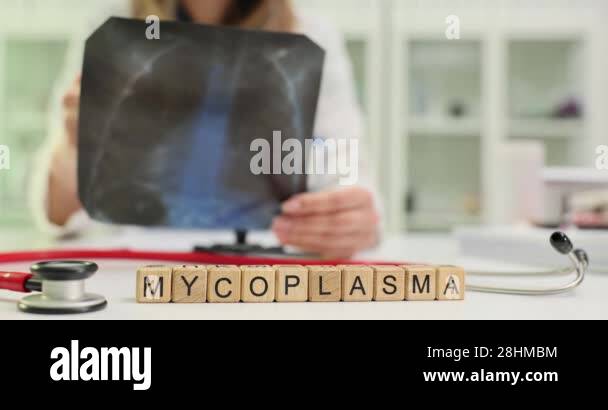 Word Mycoplasma of blocks and medic analyzing chest X-ray in clinic ...