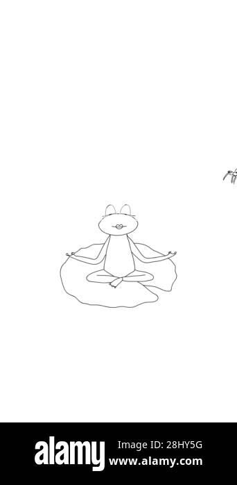 Frog's yoga meditation on water lily leaf and mosquito on white ...