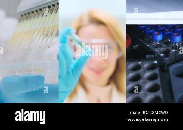 Video collage from the chemical laboratory, application of micro ...