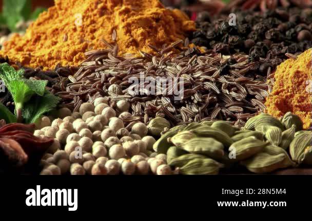Colorful Mix of Aromatic Spices: Turmeric, Cardamom, Cumin, Pepper ...