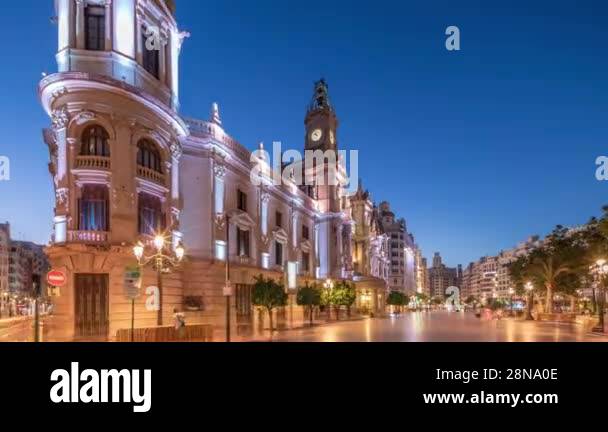 Valencia City Hall Ajuntament de Valencia day to night transition ...