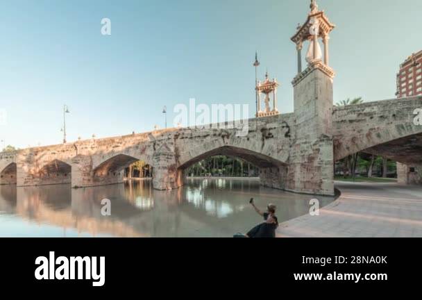 Panorama showing Pont de la Mar bridge timelapse in Valencia, Spain ...