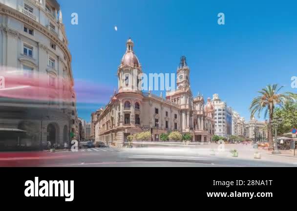 Panorama showing Valencia City Hall Ajuntament de Valencia timelapse in ...