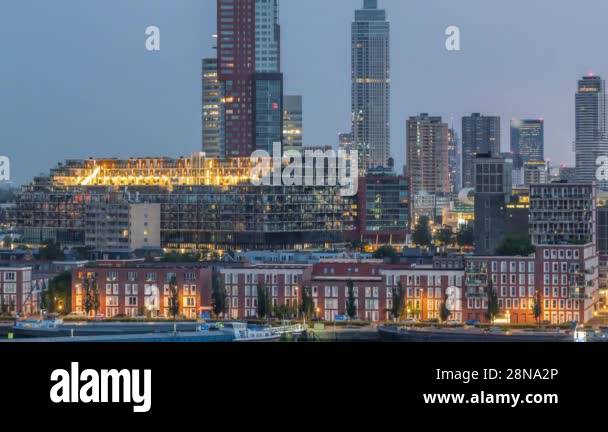 Panoramic aerial night to day transition timelapse of Katendrecht ...