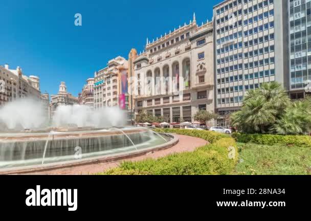 Panorama showing fountain on Town Hall Square Plaza del Ayuntamiento ...