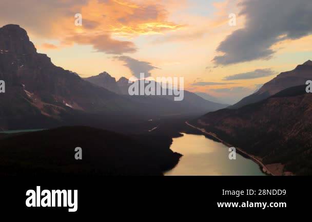 Top Cinematic Aerial view to the Jasper National Park, Alberta ...