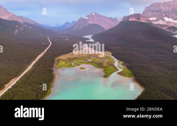 Top Cinematic Aerial view to the Jasper National Park, Alberta ...