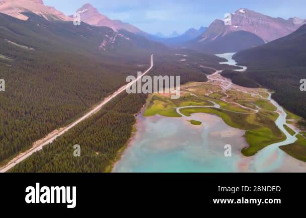 Top Cinematic Aerial view to the Jasper National Park, Alberta ...
