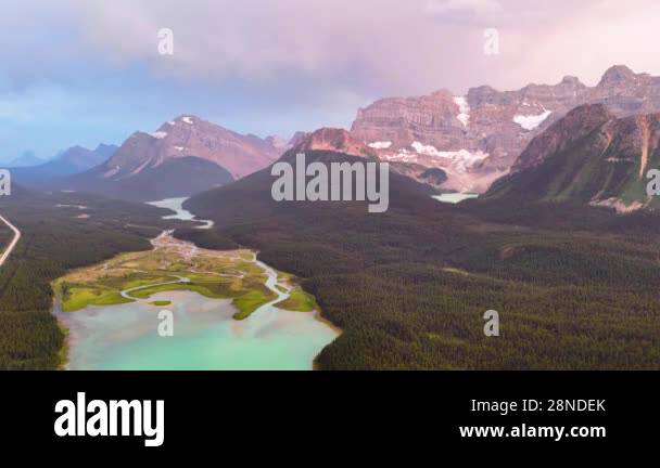 Top Cinematic Aerial view to the Jasper National Park, Alberta ...
