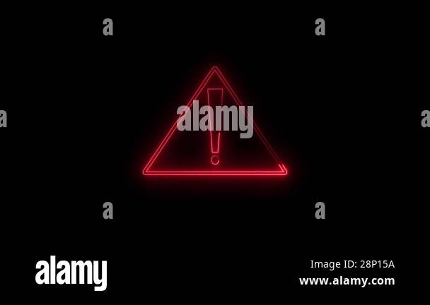 Glowing neon warning icon animation red colour on black background ...