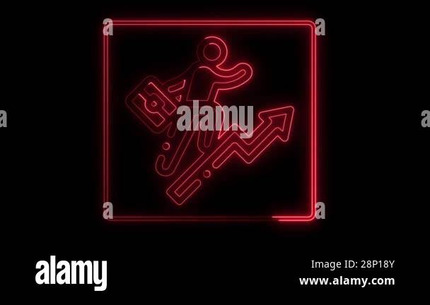 Glowing neon line job promotion, Career growth development concept red color, person climbing ...