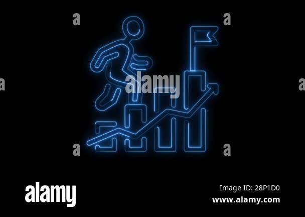 Neon Person Climbing Stairs Toward Success flag animation blue color ...