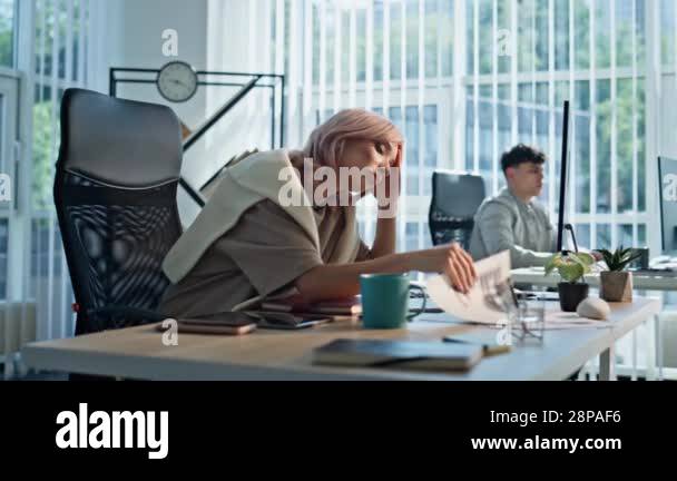 Tired business lady sitting workplace closeup. Exhausted bored ...