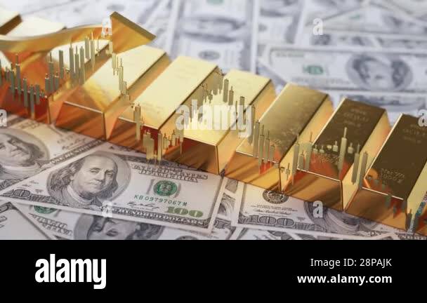 Stack of gold bars on US dollar bills with a financial chart overlay, representing investment ...