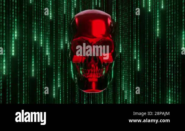 hacker screen red skull with binary code, network data security system, futuristic design server ...
