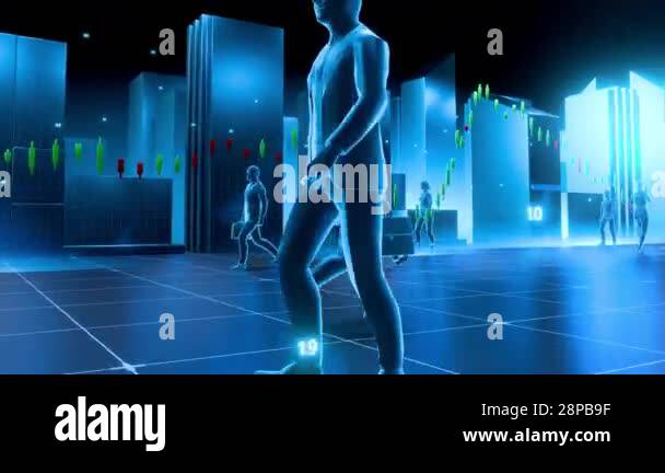 Multiple digital human figures walking in a virtual stock market ...