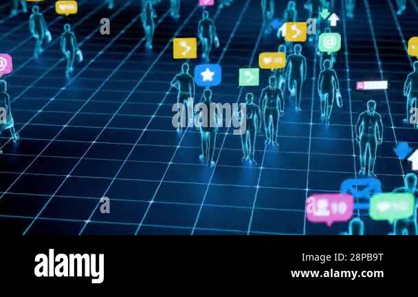 Abstract digital human figures interacting with social media icons in a ...