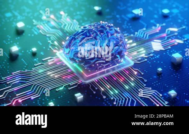 A glowing digital brain sits atop a futuristic circuit board, symboli advanced technology and ...