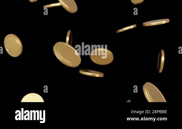 Multiple gold coins are captured mid-air against a dark, black ...