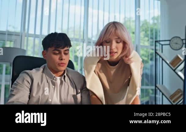 Nervous boss working computer in buro agency closeup. Blonde secretary ...