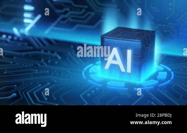 A glowing AI cube on a futuristic circuit board representing advanced artificial intelligence ...