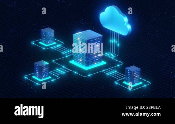 A digital cloud icon connected to multiple data servers, illustrating the concept of cloud ...