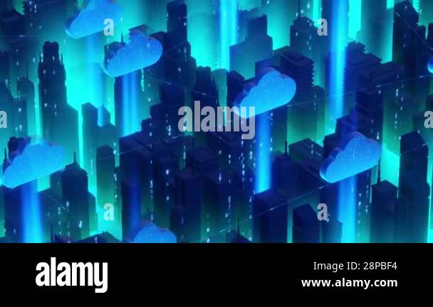 A digital cityscape featuring cloud icons and binary code, representing cloud computing, data ...
