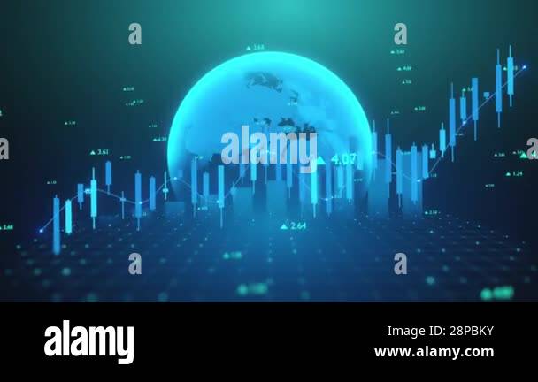 Illustration of global financial market growth with rising stock prices and candlestick charts ...